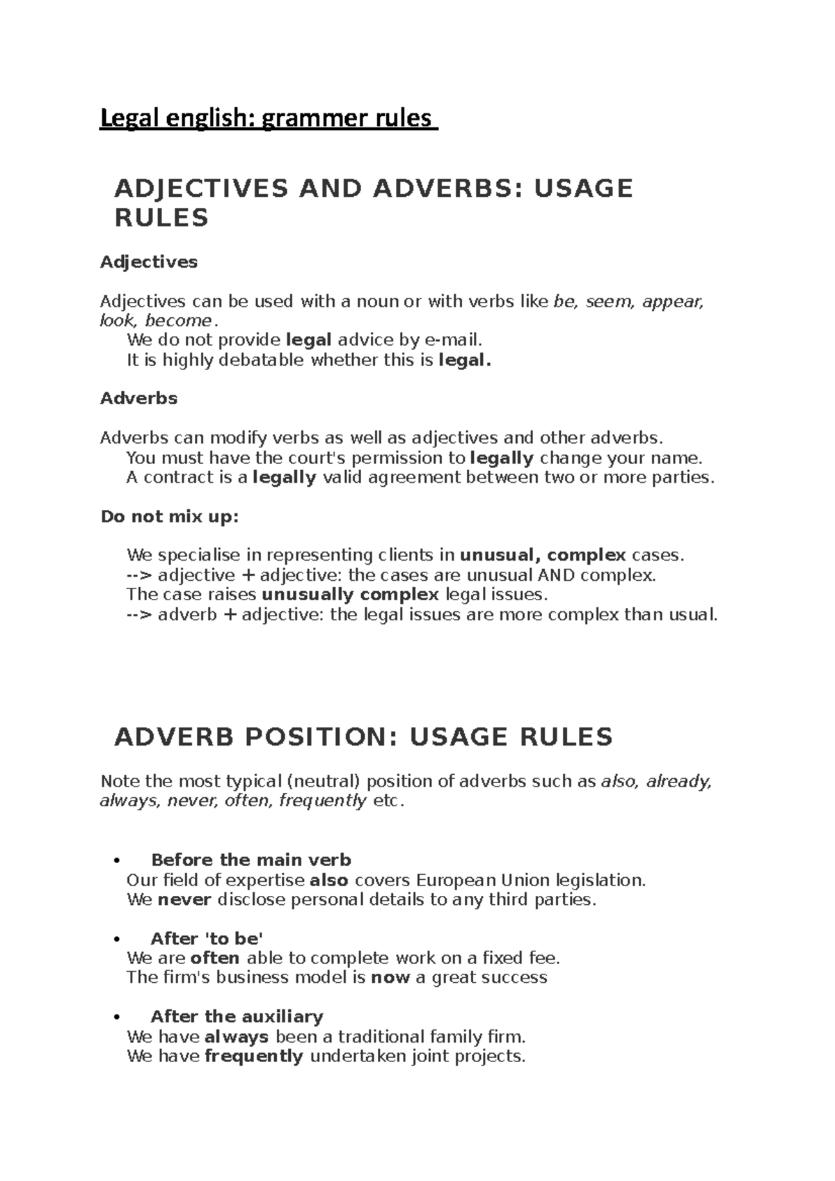 Grammer rules - Legal english: grammer rules ADJECTIVES AND ADVERBS ...