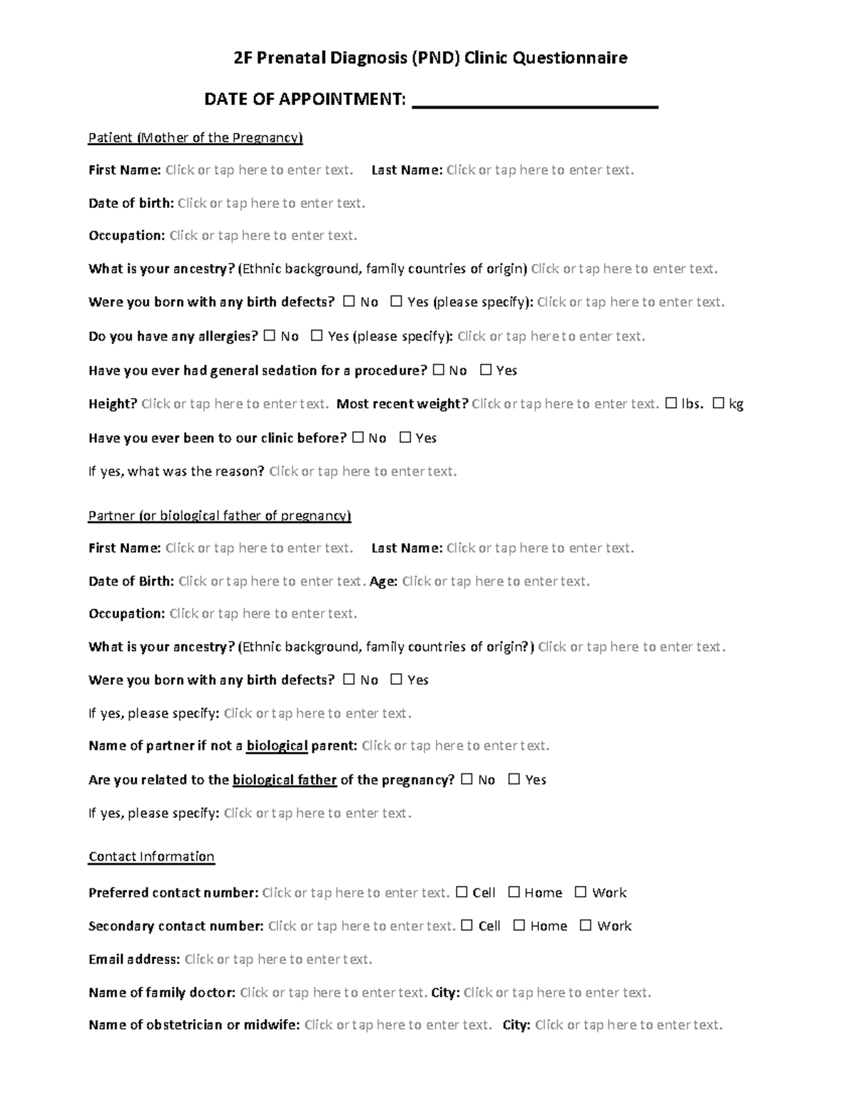 2021 PND Clinic Patient Questionnaire 2020pdf - 2F Prenatal Diagnosis ...