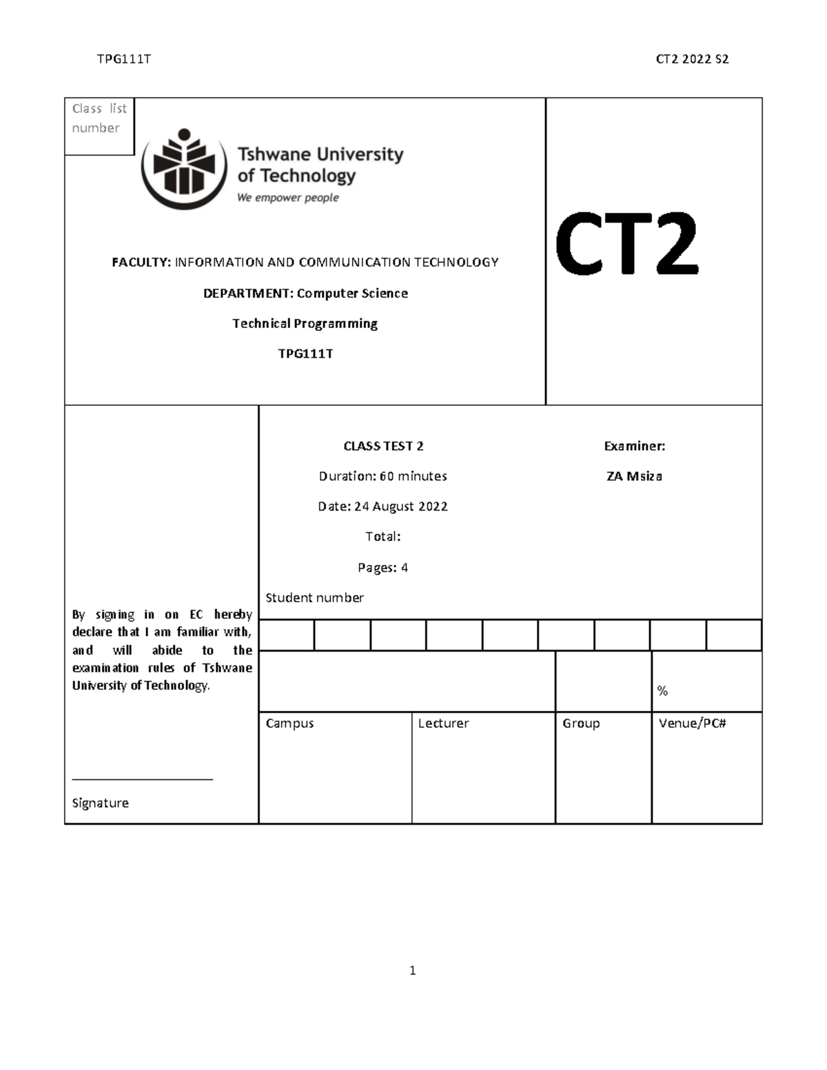 TPG111T CT2 Paper A 2022 - TPG111T CT2 2022 S 1 Class list number FACULTY: INFORMATION AND - Studocu
