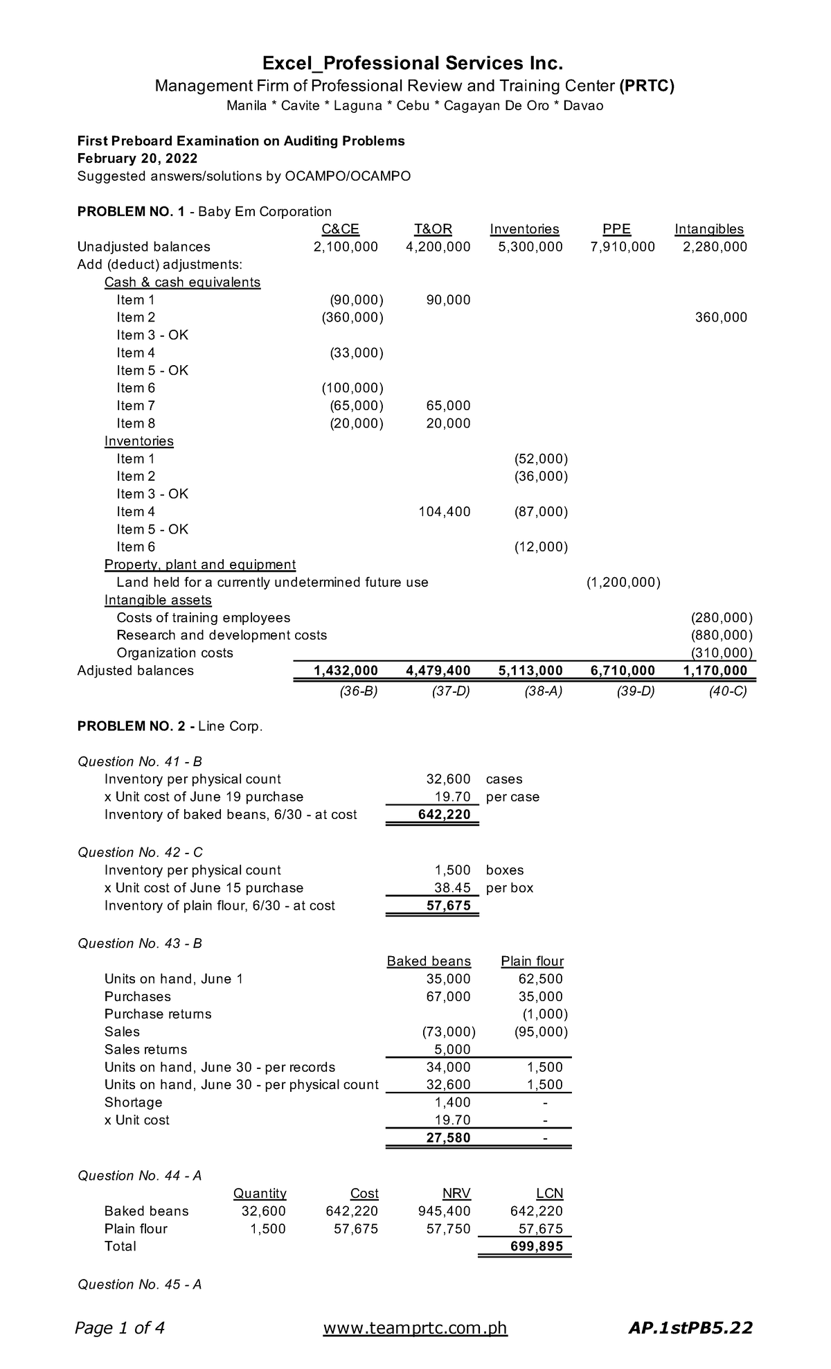 SOL AUD PROB - solution manual - First Preboard Examination on Auditing Problems February 20 ...