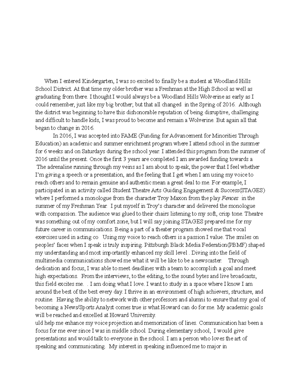 Amani Clark-Bey essay application Howard - When I entered Kindergarten ...