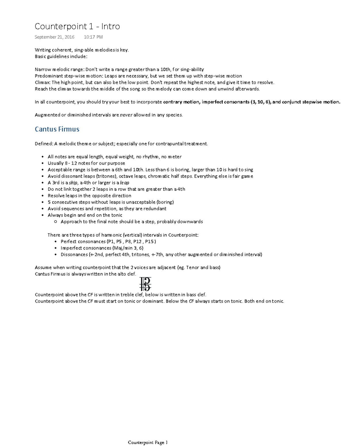 Counterpoint 1 - Lecture notes 1-6 - Counterpoint 1 Intro September 21 ...