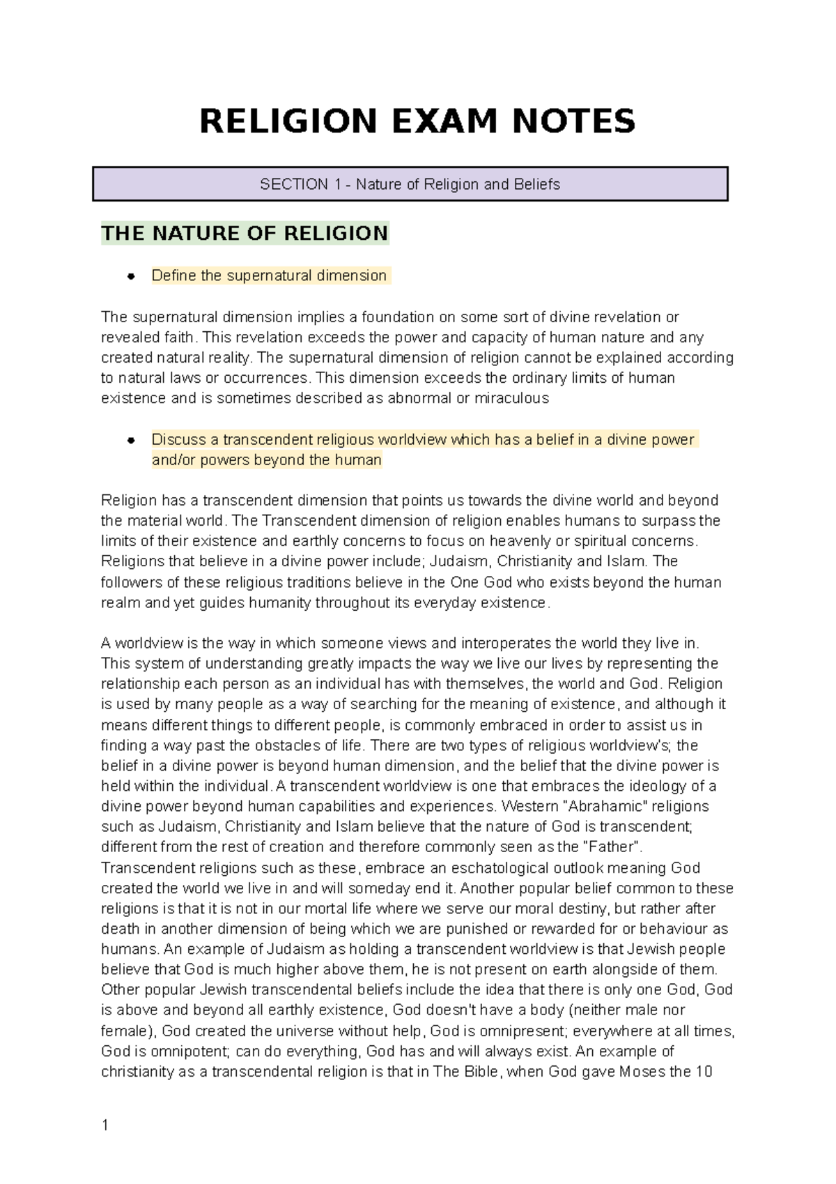 Relgion EXAM Notes - RELIGION EXAM NOTES SECTION 1 - Nature of Religion ...