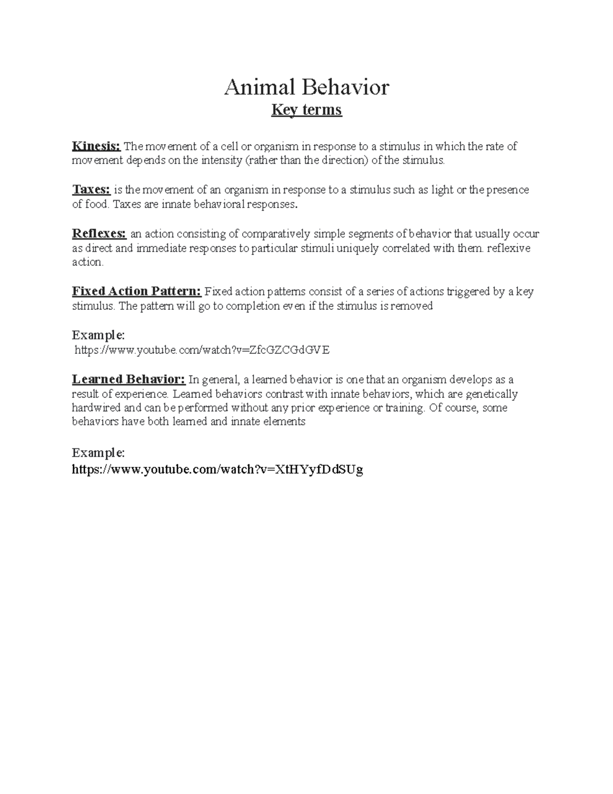 Animal Behavior Key Terms and Experiments - Studocu