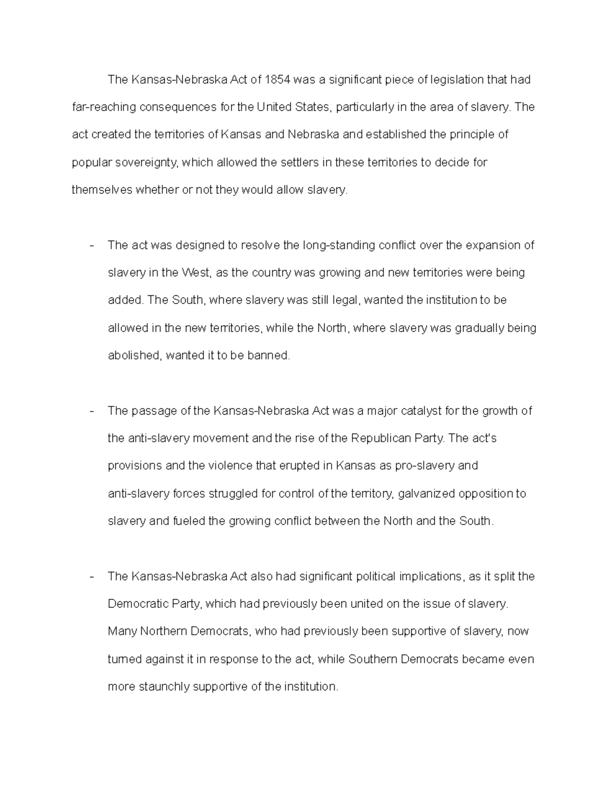 Kansas Nebraska Act Notes - The Kansas-Nebraska Act of 1854 was a ...