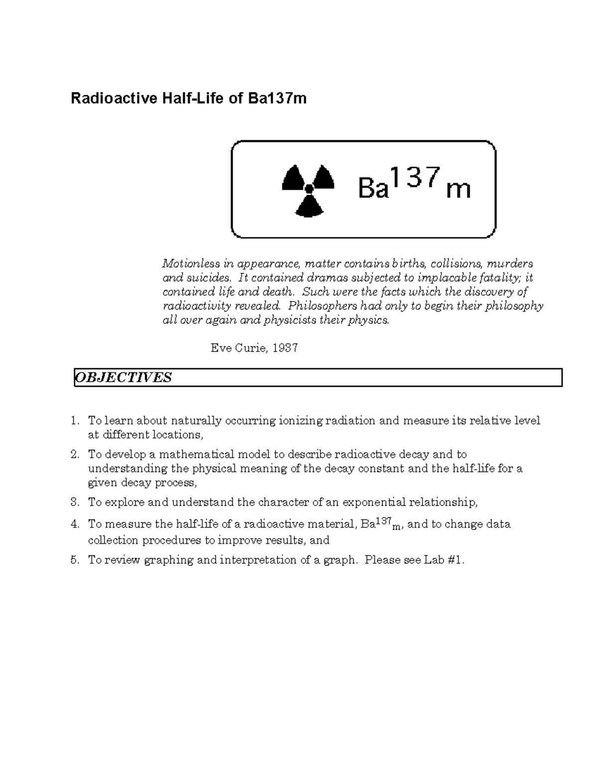 Lab 8 Half-life barium - Dr. Anderson's Lab - Radioactive Half-Life of ...