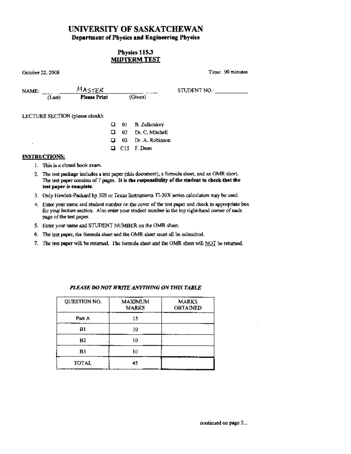 Exam 22 October 2008, questions and answers - Midterm - UNIVERSITY OF ...