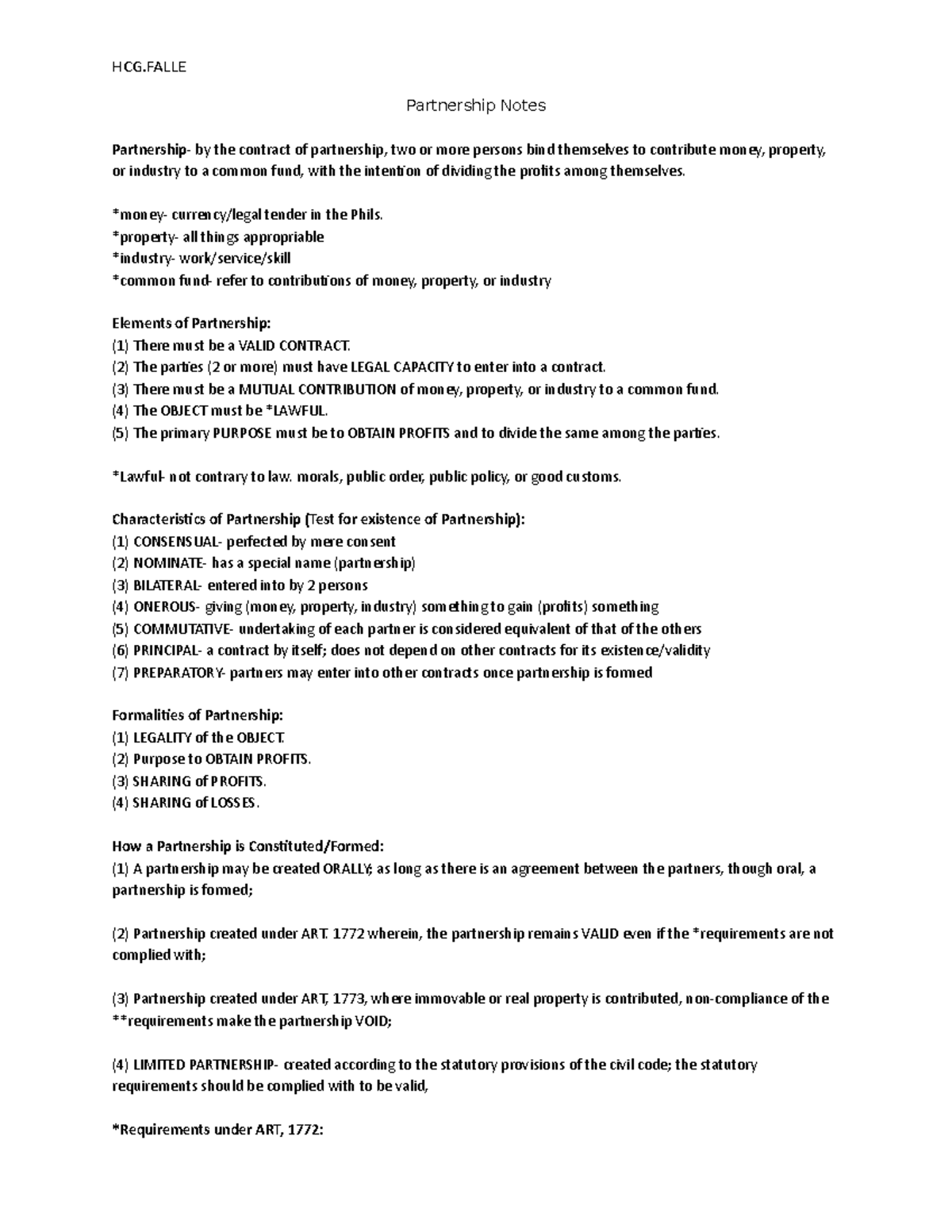 Partnership Notes - Partnership Notes Partnership- by the contract of ...