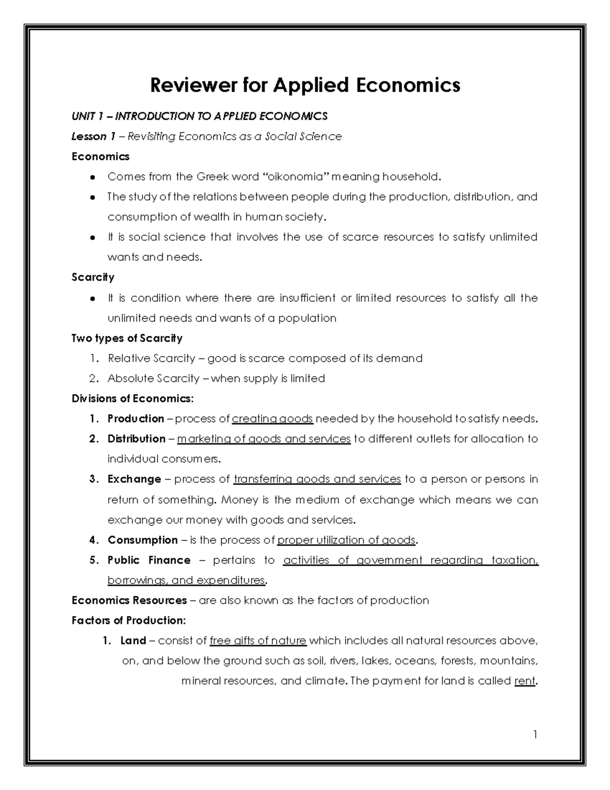 Applied EConomics Reviewer - Reviewer for Applied Economics UNIT 1 ...