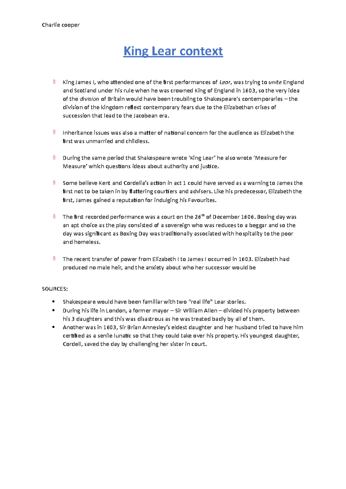 1 - Yeah - Charlie cooper King Lear context King James I, who attended one of the first ...