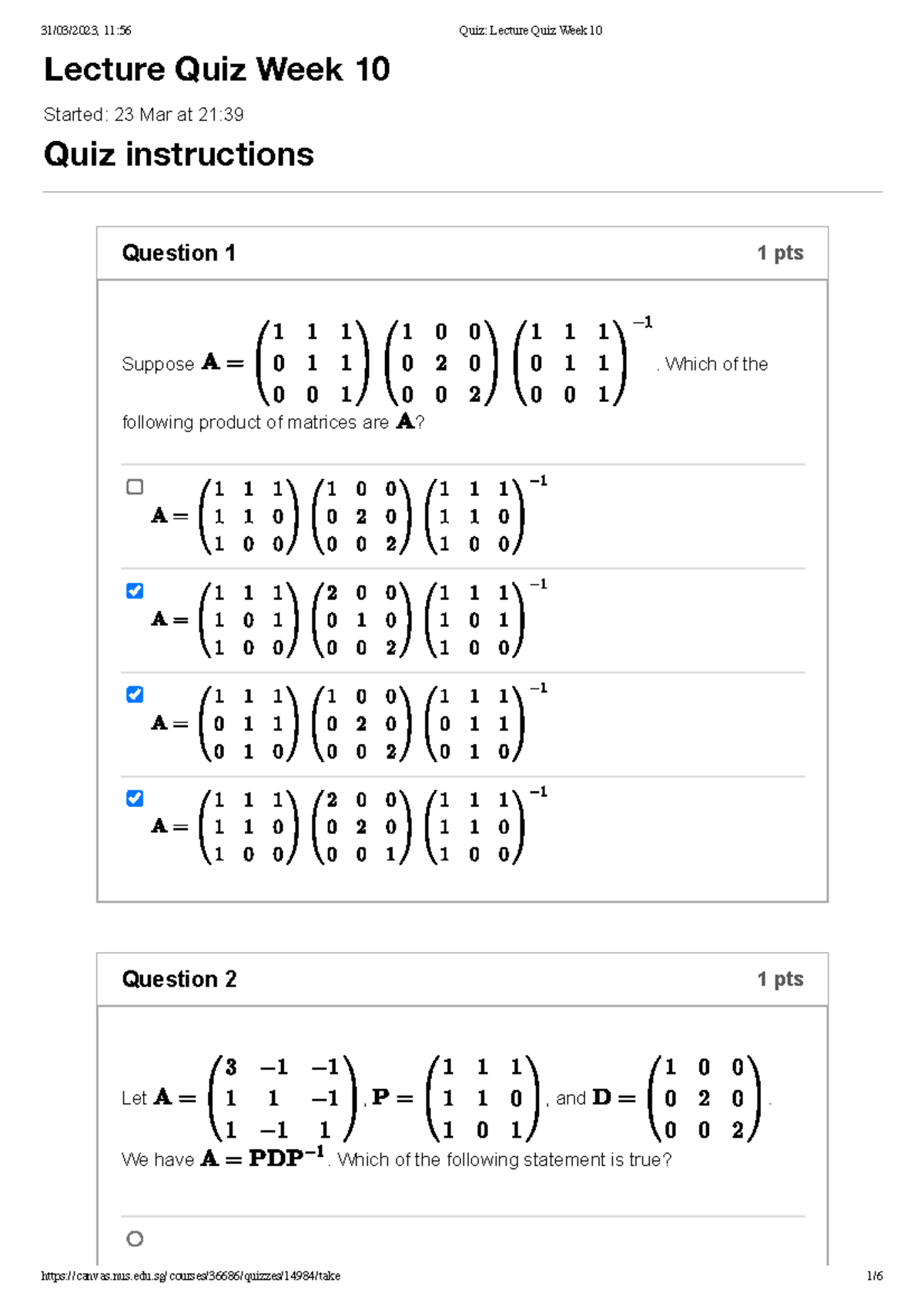 Quiz Week10 Answers - Lecture Quiz Week 10 Started: 23 Mar at 21: Quiz instructions Question 1 1 ...