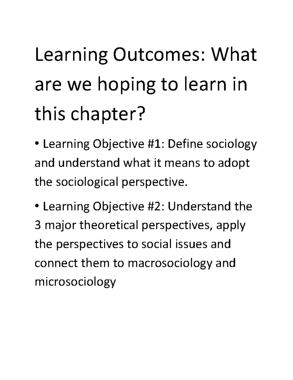 Sociology chapter 1 notes - Learning Outcomes: What are we hoping to ...