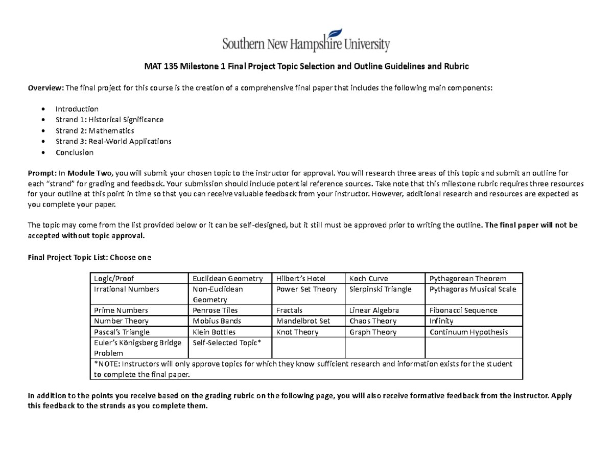 MAT 135 Milestone One Final Topic Selection Rubric and Guidelines - MAT 135 Milestone 1 Final ...