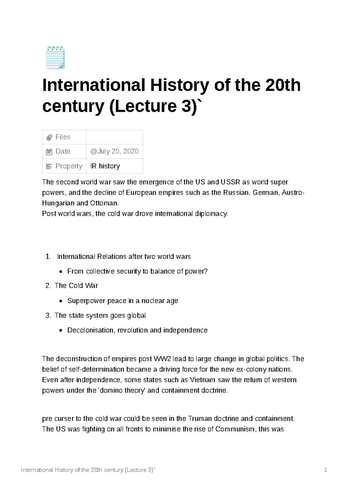 International History of the 20th century (Lecture 3) - Post world wars ...