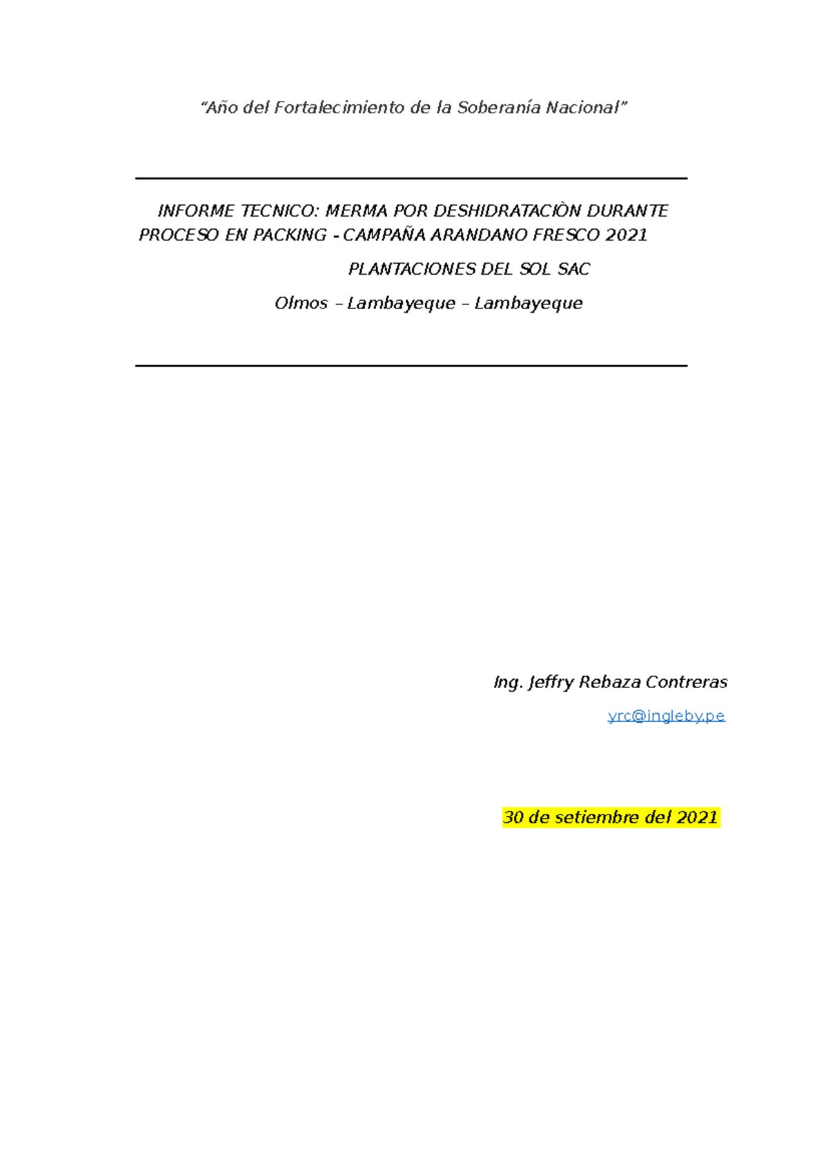 Informe técnico de merma por deshidratacion - Campaña Arandano 2021 ...
