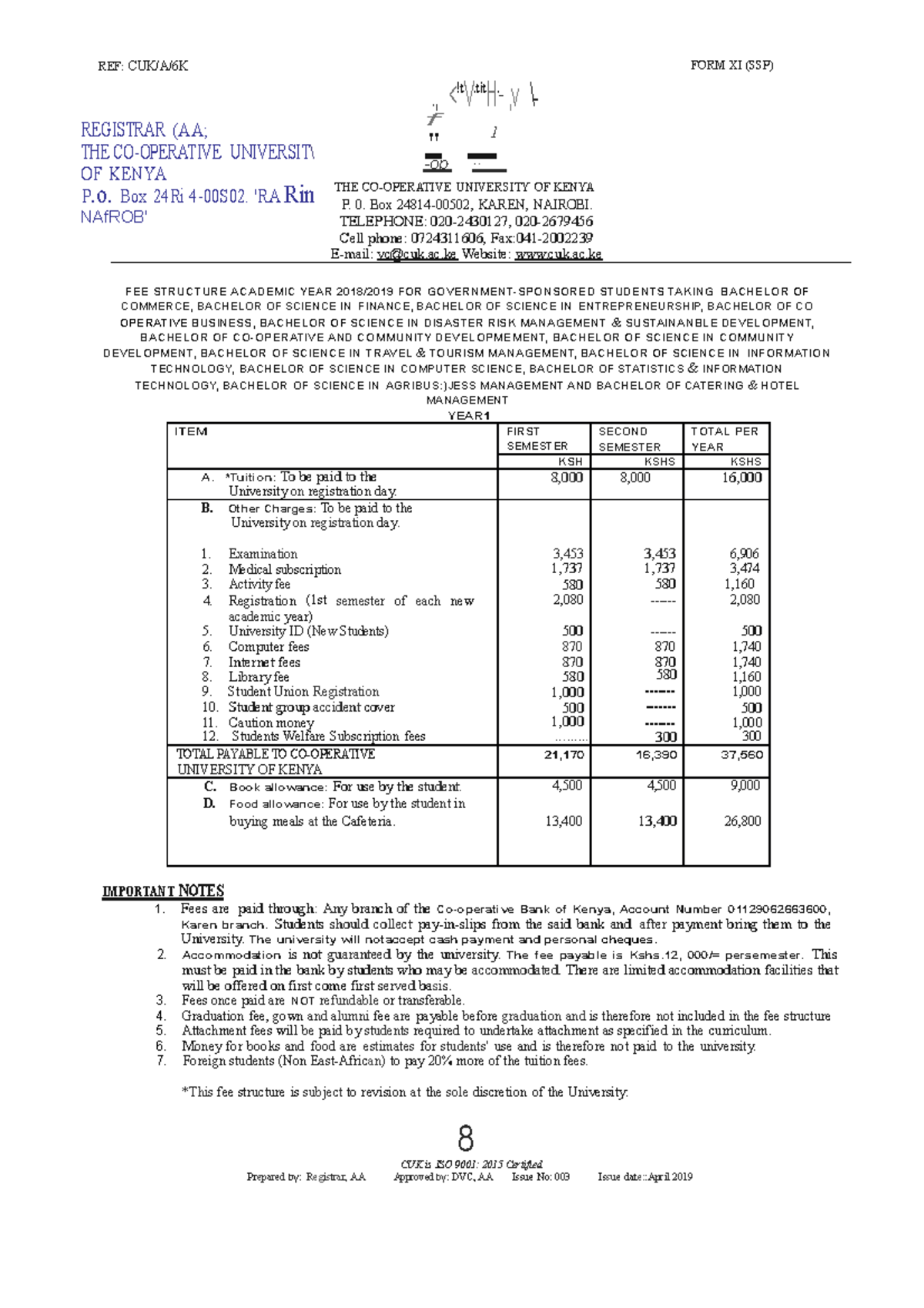 Cooperative univesity fee structure - REF: CUK/A/6K FORM XI (SSP) CUK ...