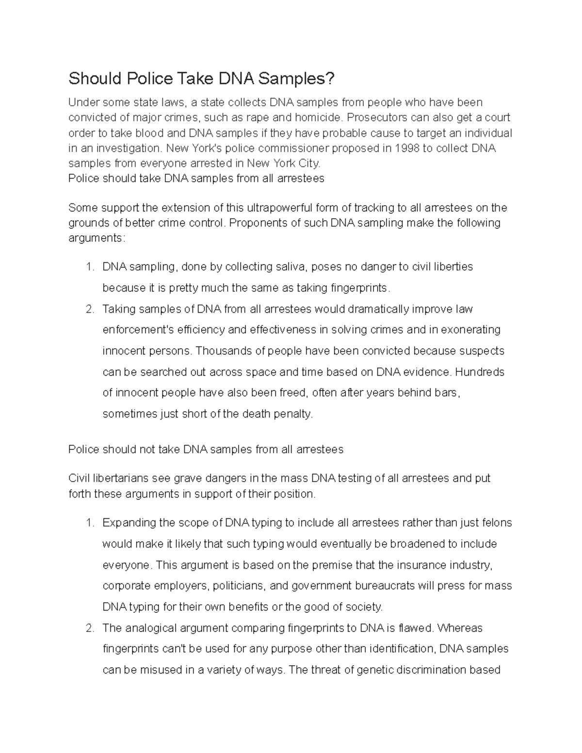 Should Police Take DNA Samples - Should Police Take DNA Samples? Under ...