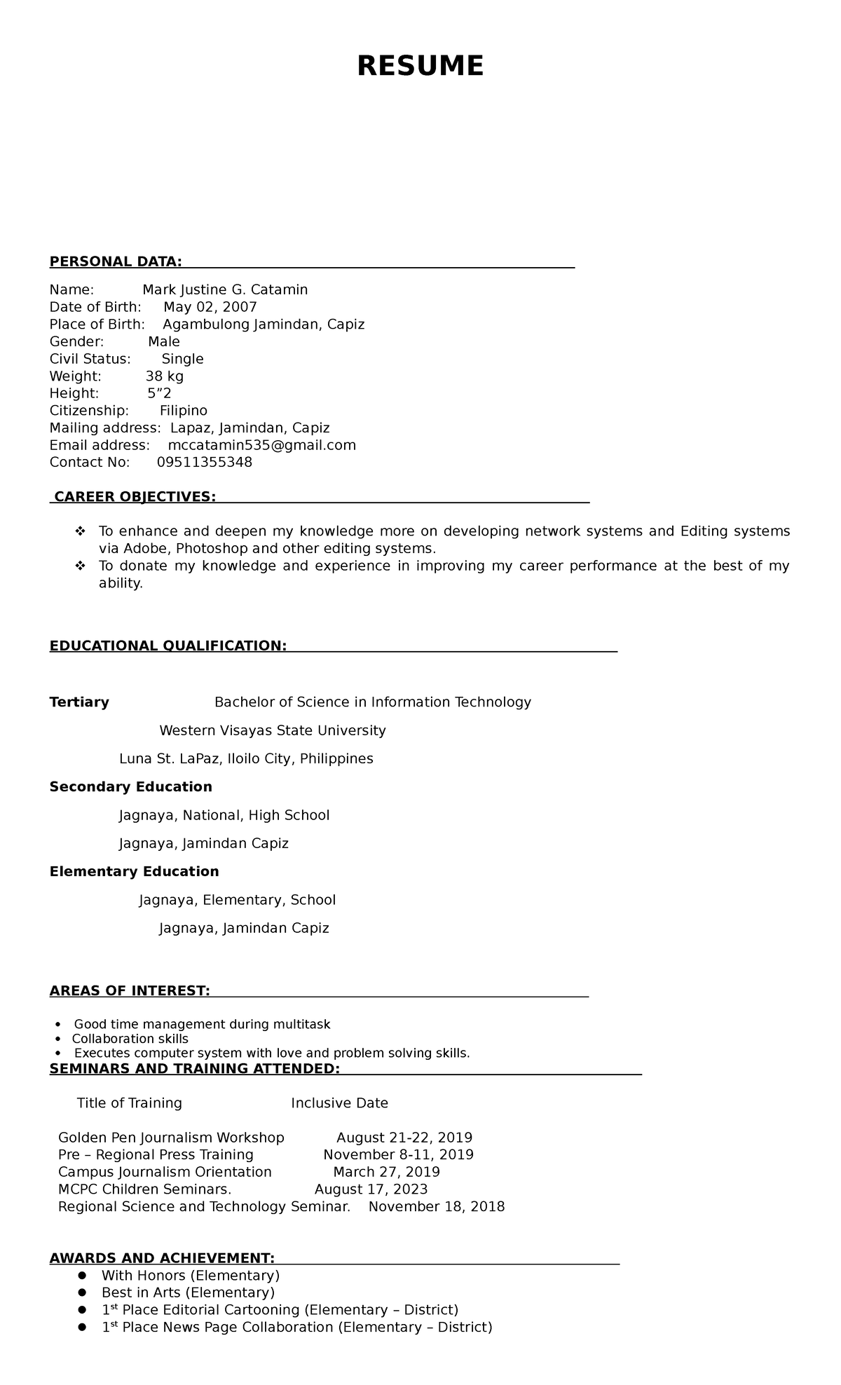 Justin Resume - Eapp - RESUME PERSONAL DATA: Name: Mark Justine G ...