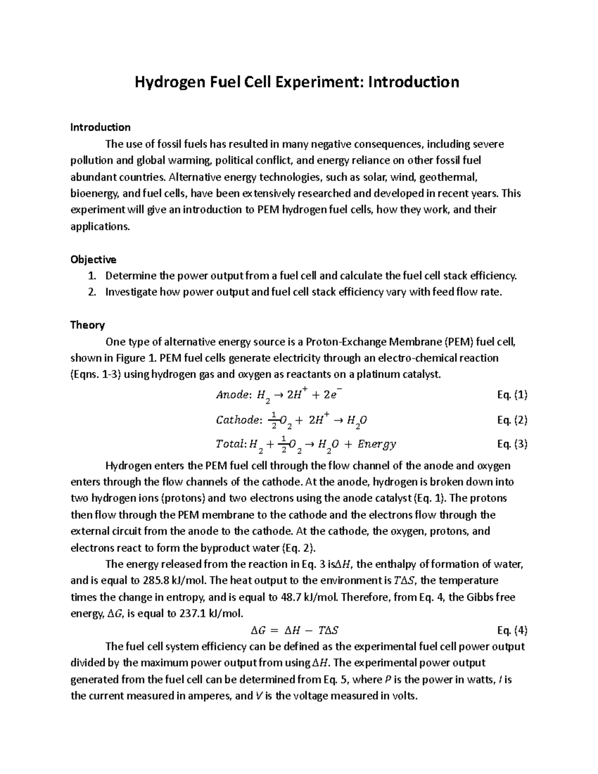 3 Hydrogen Fuel Cell Exp Intro with Part 1 and 2 Procedures - Hydrogen ...