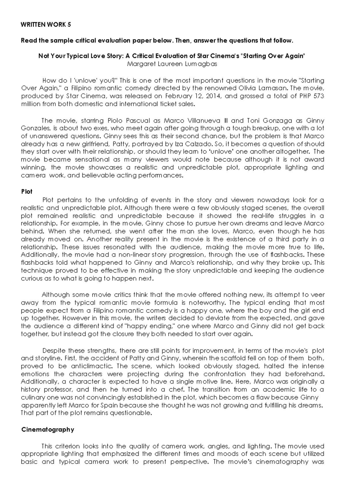 Sample Critique Paper- NOT YOUR Typical - WRITTEN WORK 5 Read the ...