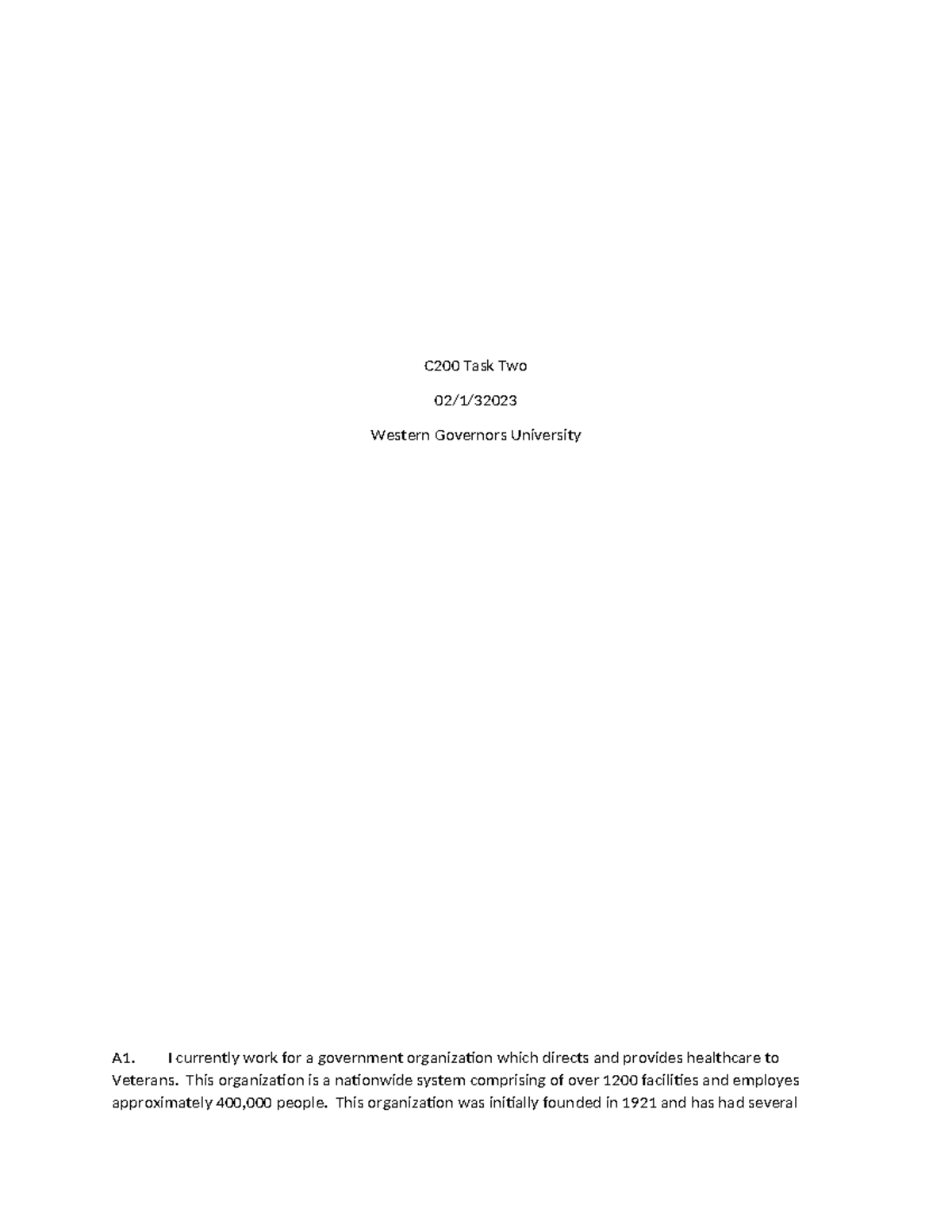 C200 Task Two - pass - C200 Task Two 02/1/ Western Governors University ...