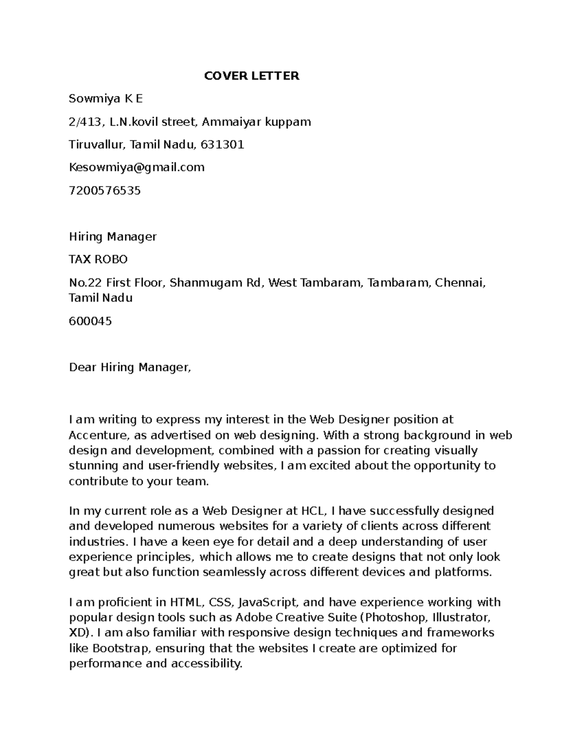 Cover letter - Summary COMPUTER APPLICATION - COVER LETTER Sowmiya K E ...