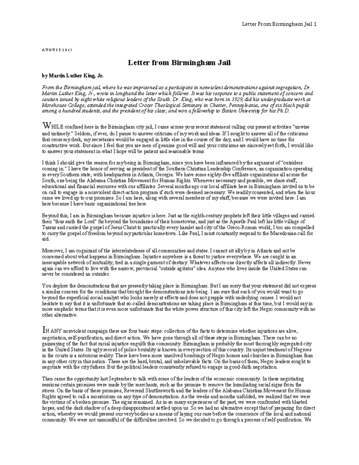 Letter Birmingham Jail - Letter From Birmingham Jail 1 AUGUST 1963 ...