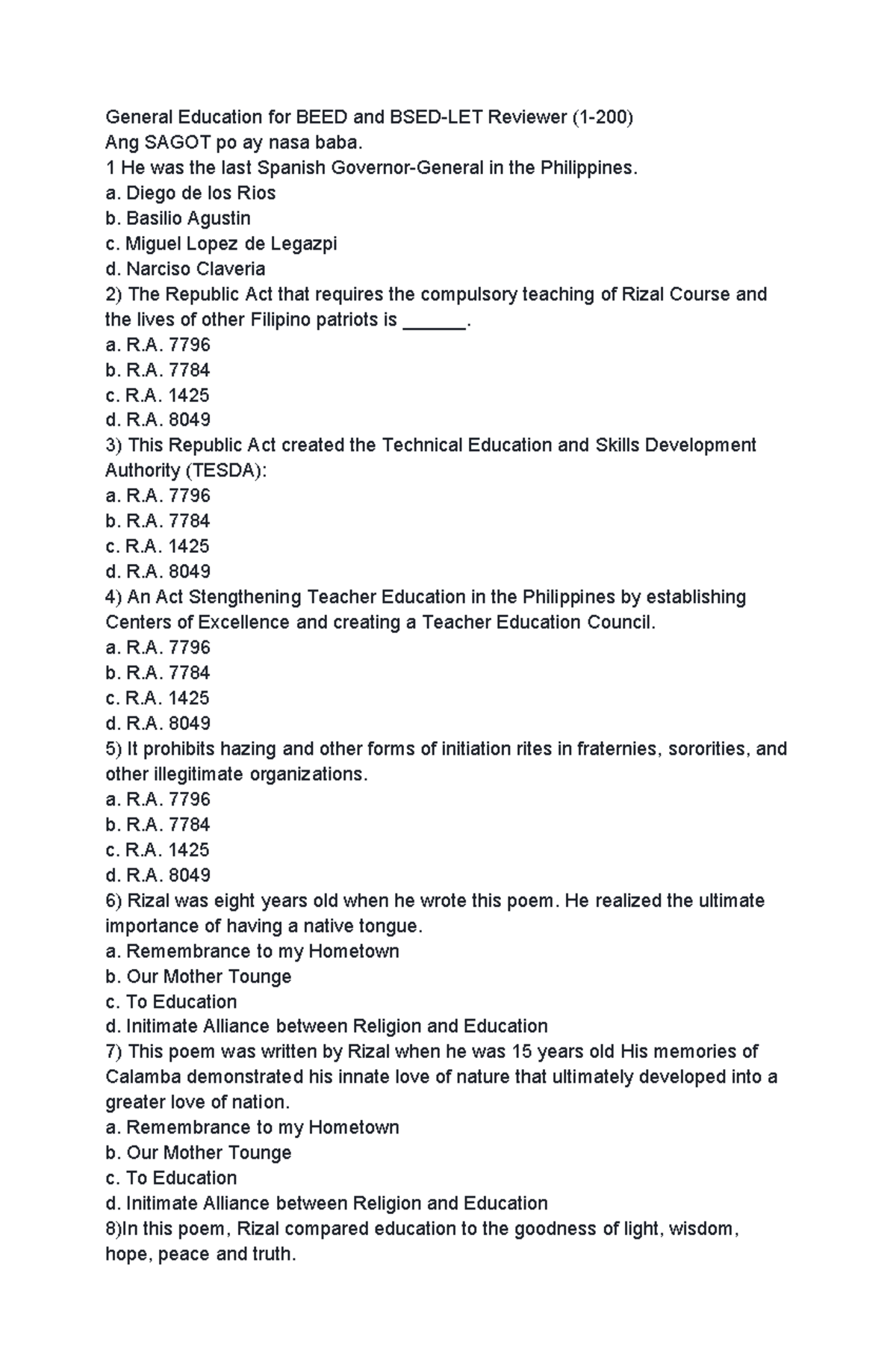 General Education for BEED and BSED - 1 He was the last Spanish ...