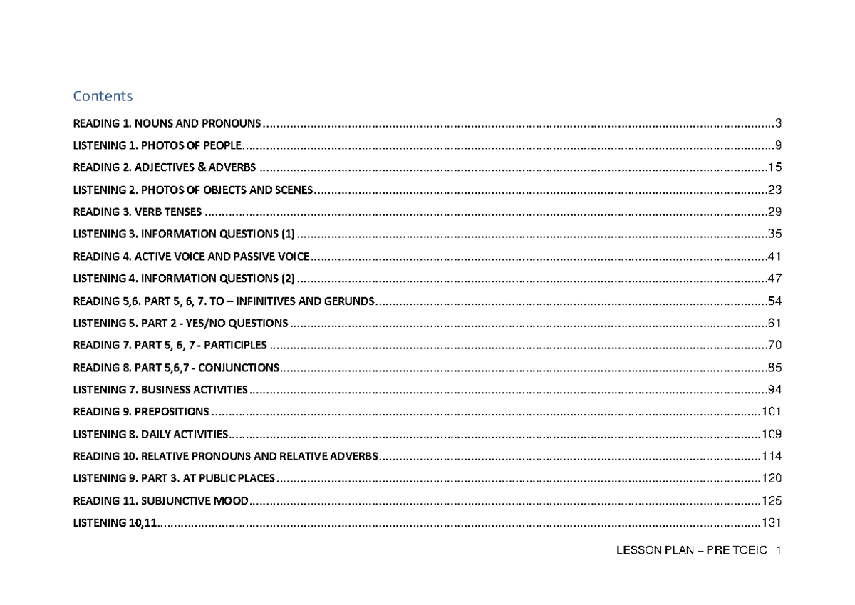 Lesson PLAN PRE Toeic - Contents READING 1. NOUNS AND PRONOUNS LISTENING 1. PHOTOS OF PEOPLE ...