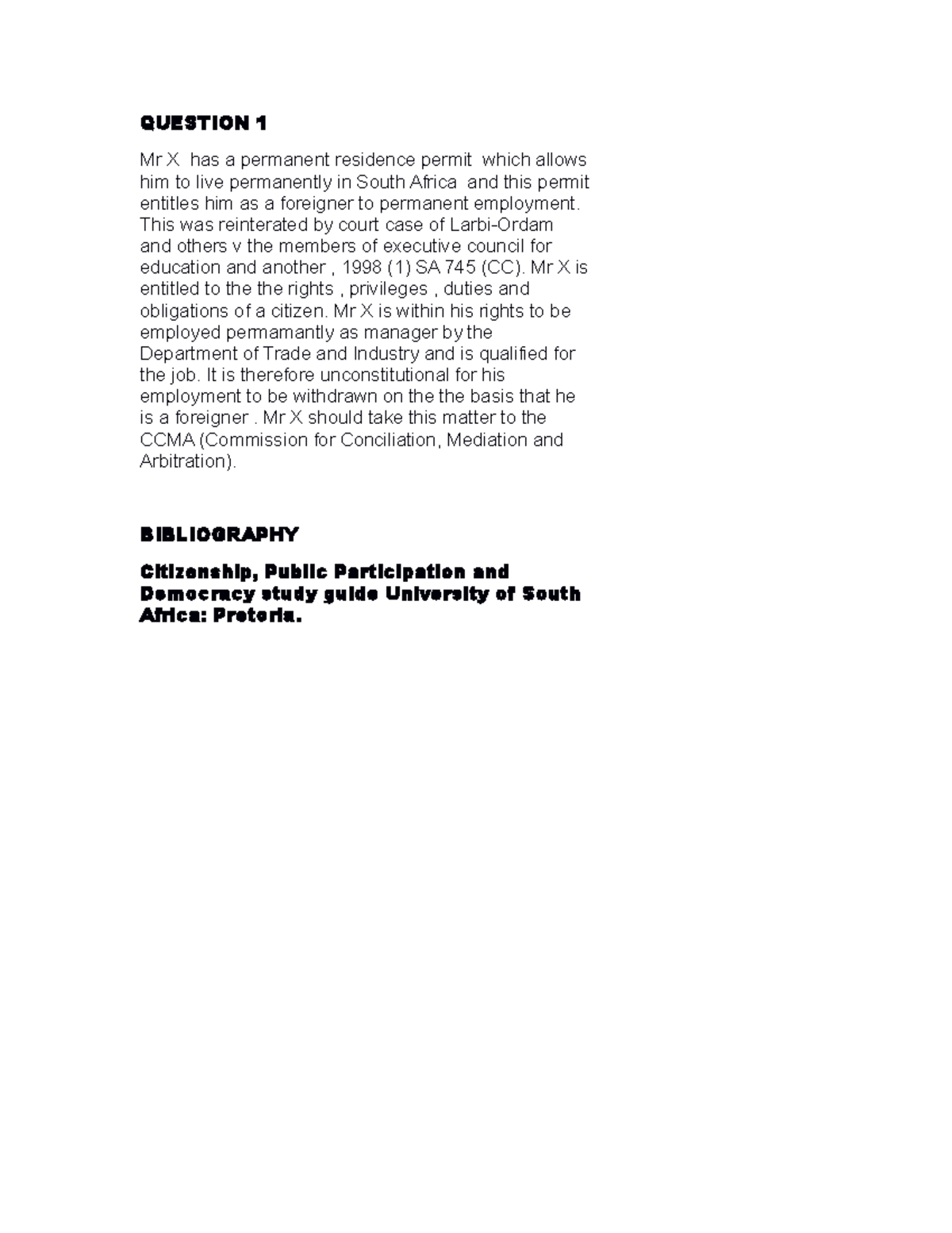 CPD1501 Assignment - QUESTION 1 Mr X has a permanent residence permit ...