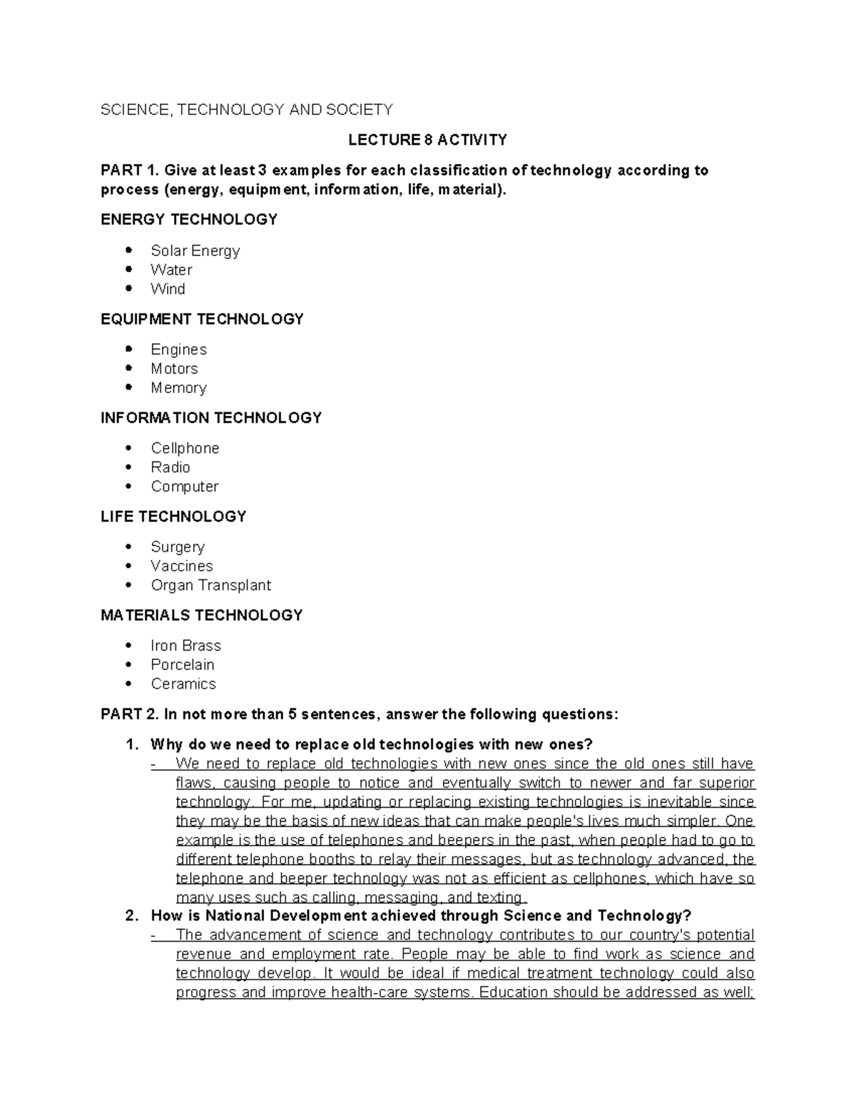 L8 Activity - SCIENCE, TECHNOLOGY AND SOCIETY LECTURE 8 ACTIVITY PART 1 ...