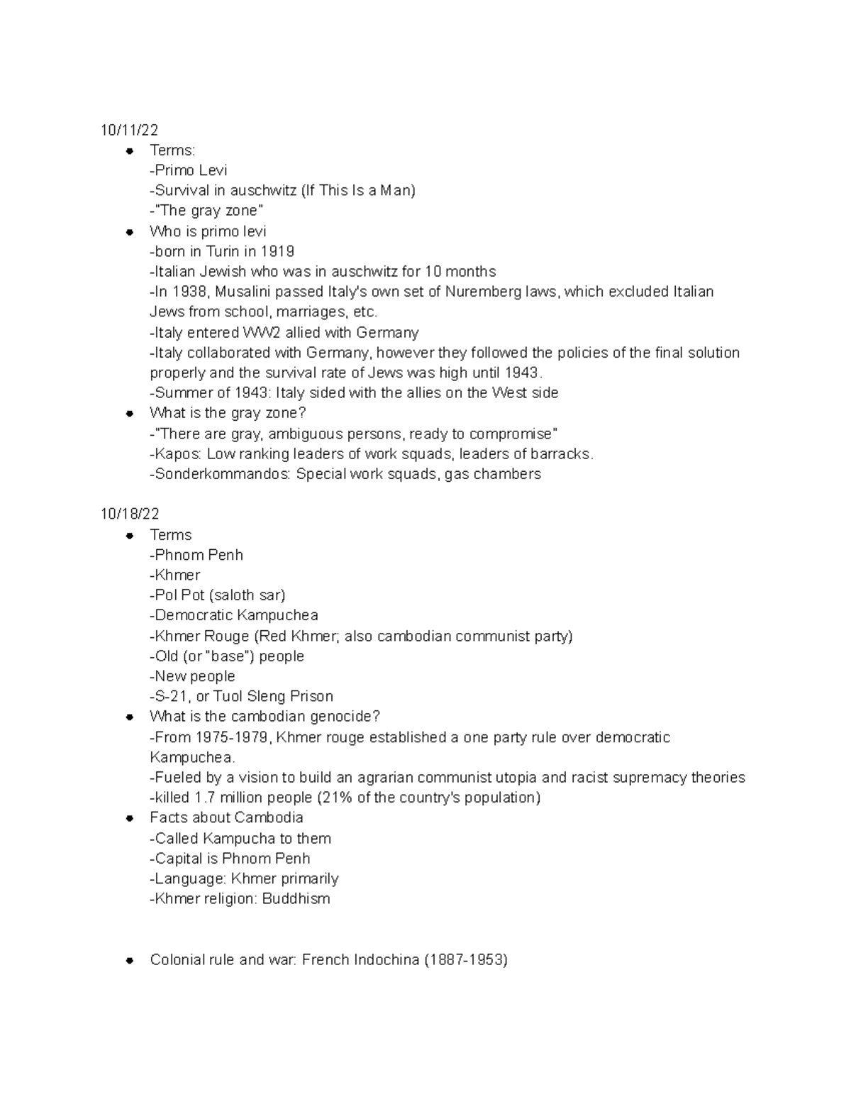 Genocide Notes pt 3 - 10/11/ Terms: -Primo Levi -Survival in auschwitz ...