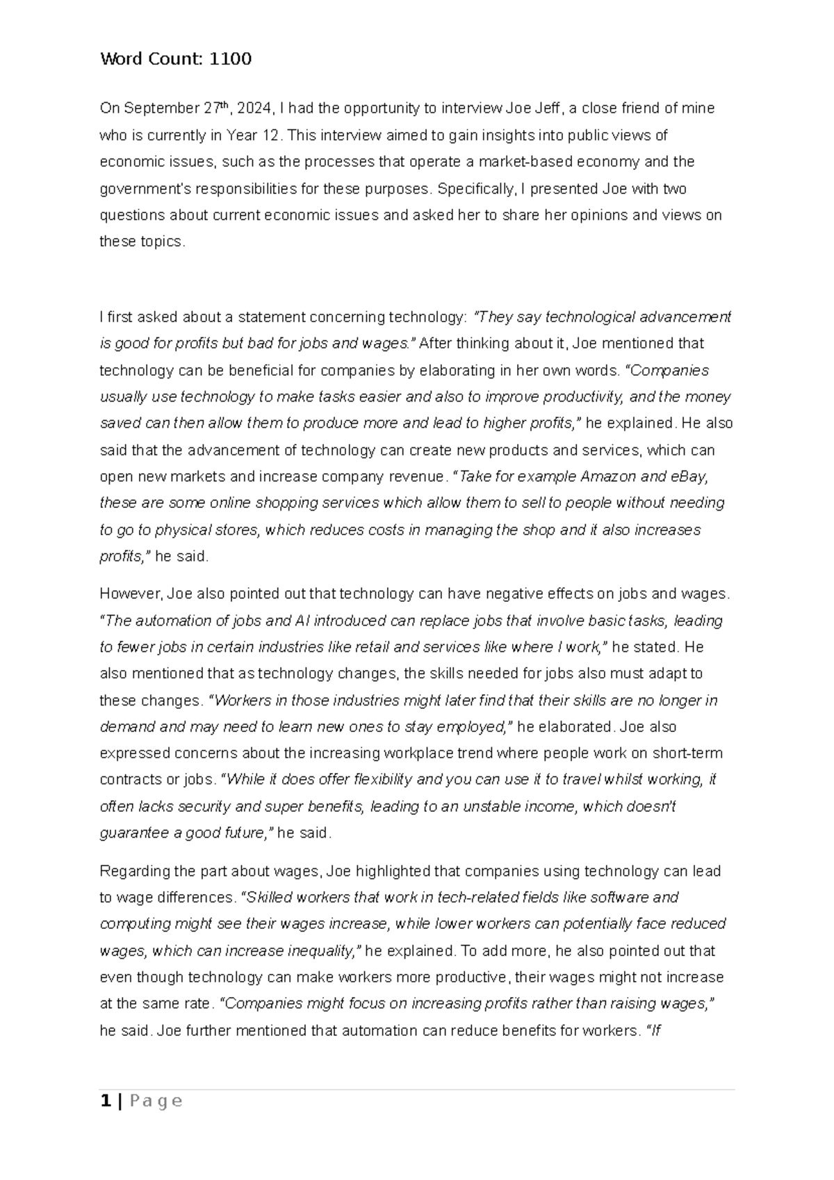 ECON1021 -Narrative Interview Report - Word Count: 1100 On September ...