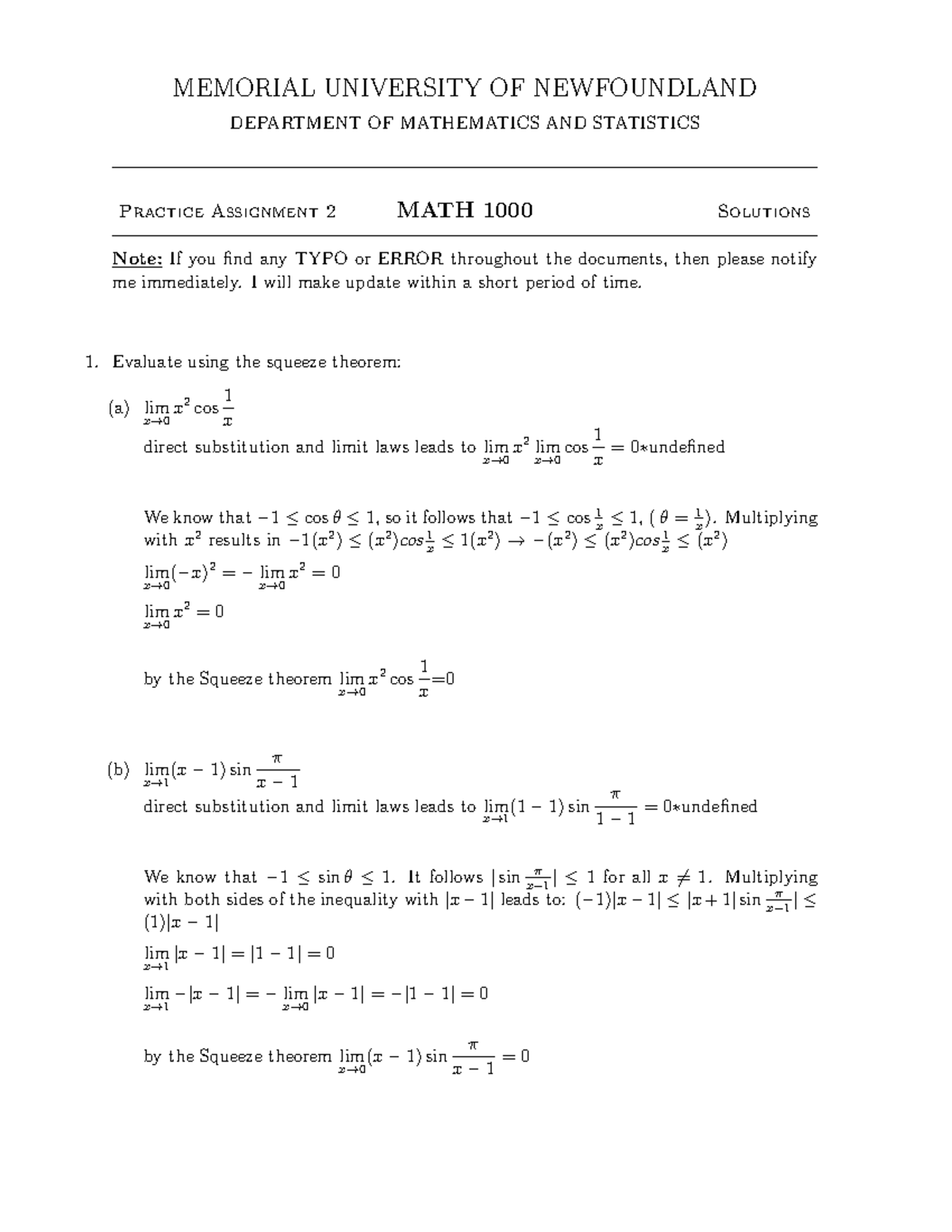 Practice Assignment 2 solutions - MEMORIAL UNIVERSITY OF NEWFOUNDLAND ...