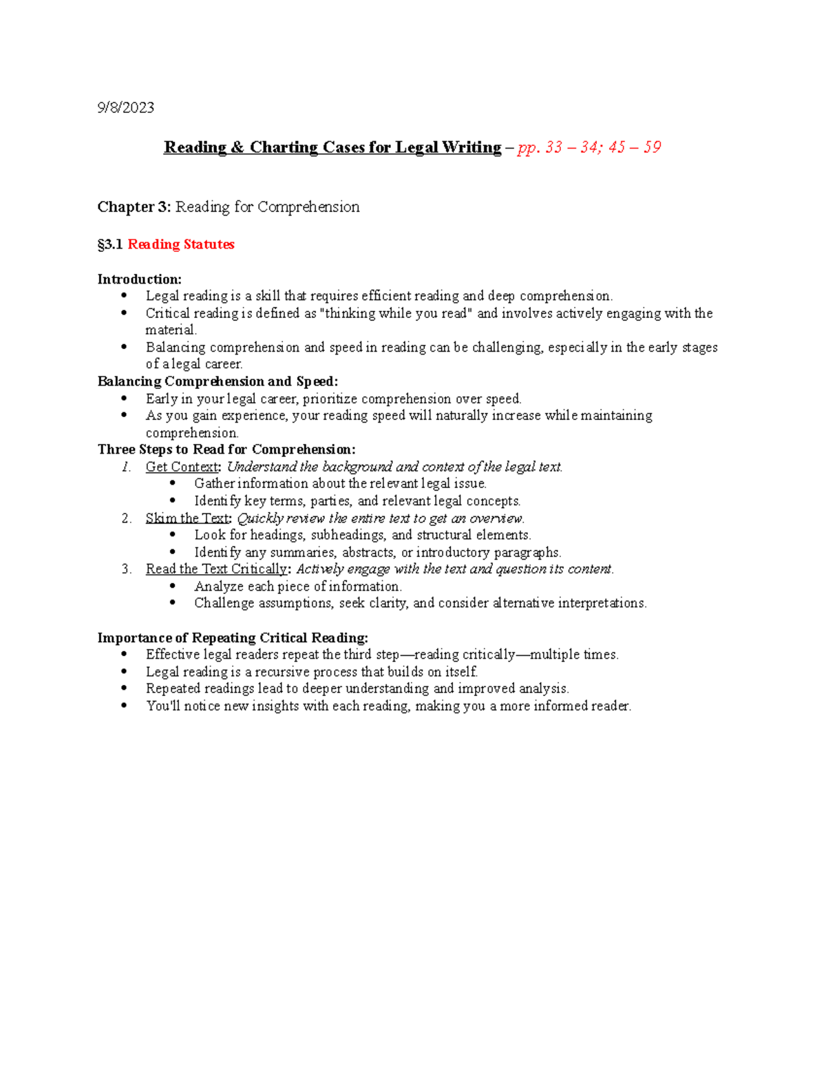 Legal Writing 9823 - Notes from Textbook - 9/8/ Reading & Charting ...
