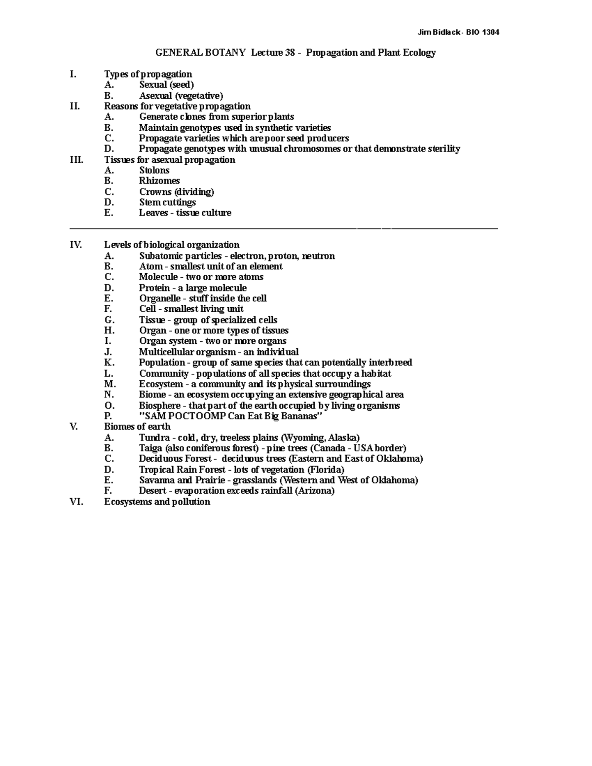 PLANT PROPAGATION - Jim Bidlack - BIO 1304 GENERAL BOTANY Lecture 38 ...