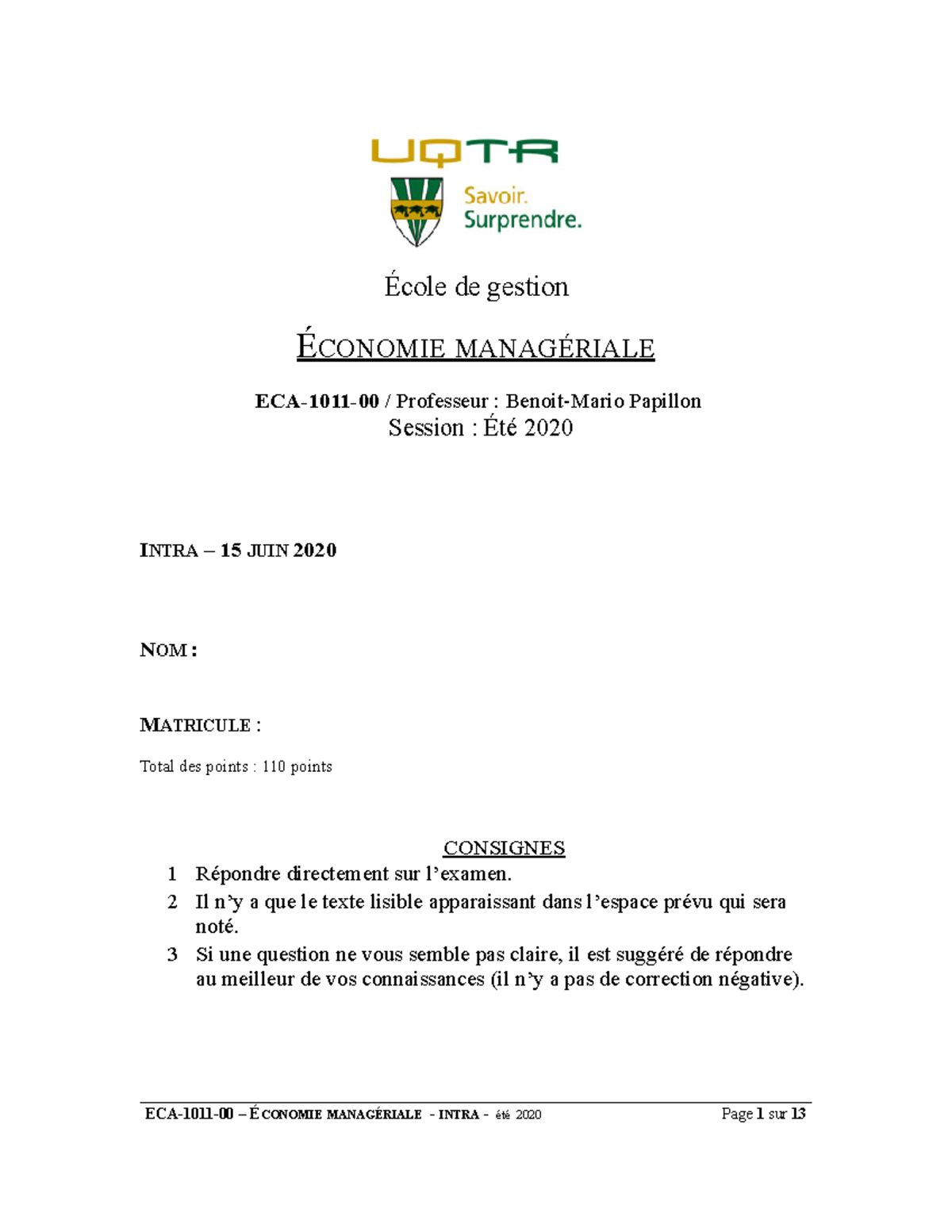 Intra - École de gestion ÉCONOMIE MANAGÉRIALE ECA-1011-00 / Professeur ...