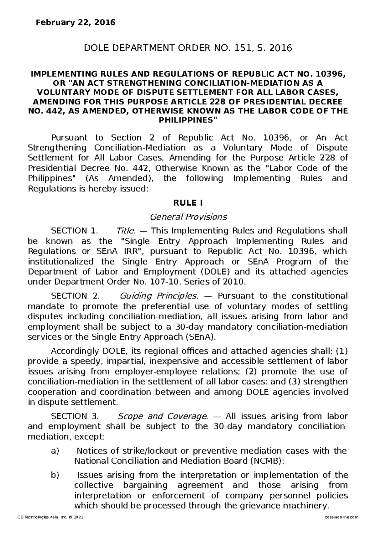 DOLE DO 151-2016 SENA IRR - February 22, 2016 DOLE DEPARTMENT ORDER NO ...