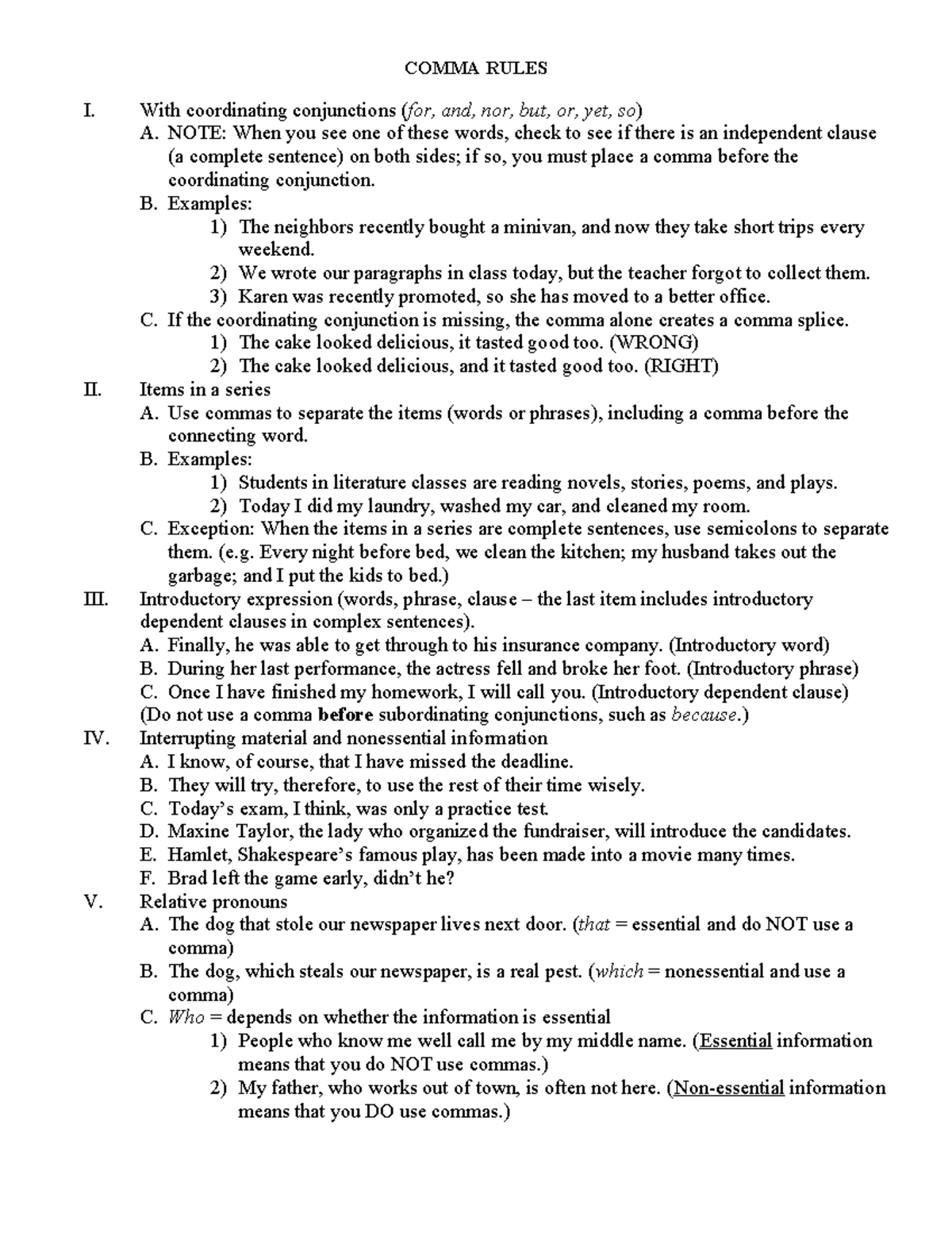 5 Basic Comma Rules-1 - COMMA RULES I. With coordinating conjunctions ...