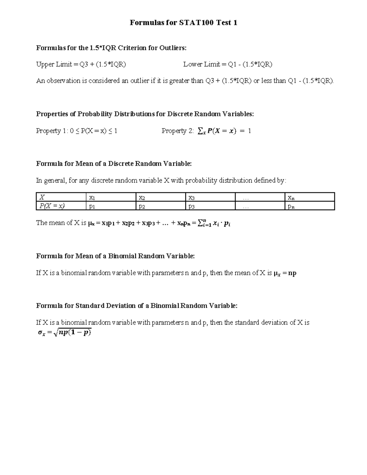 STAT100 Spring 23 Formula Sheet Test 1 - Formulas for STAT100 Test 1 ...