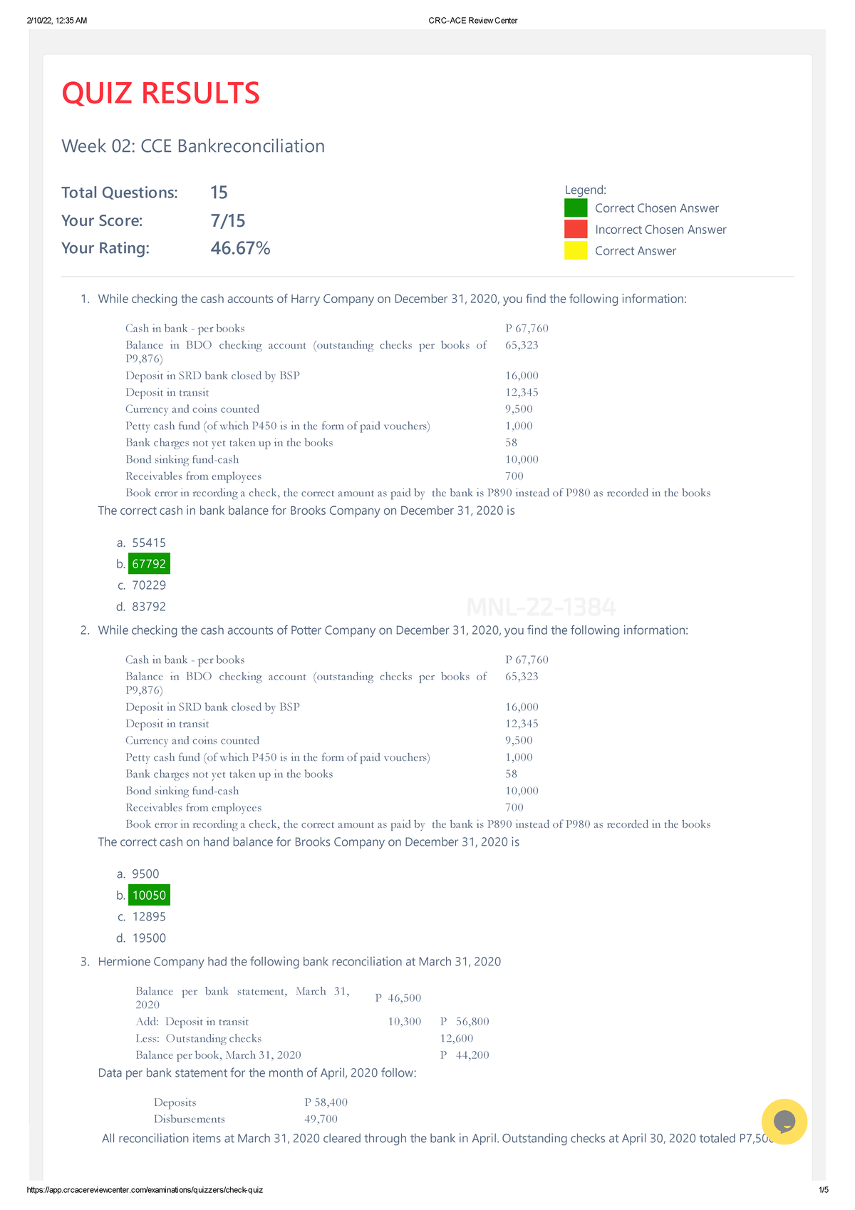 Week 2 Bank Reconciliation Practice Problems - QUIZ RESULTS Week 02 ...