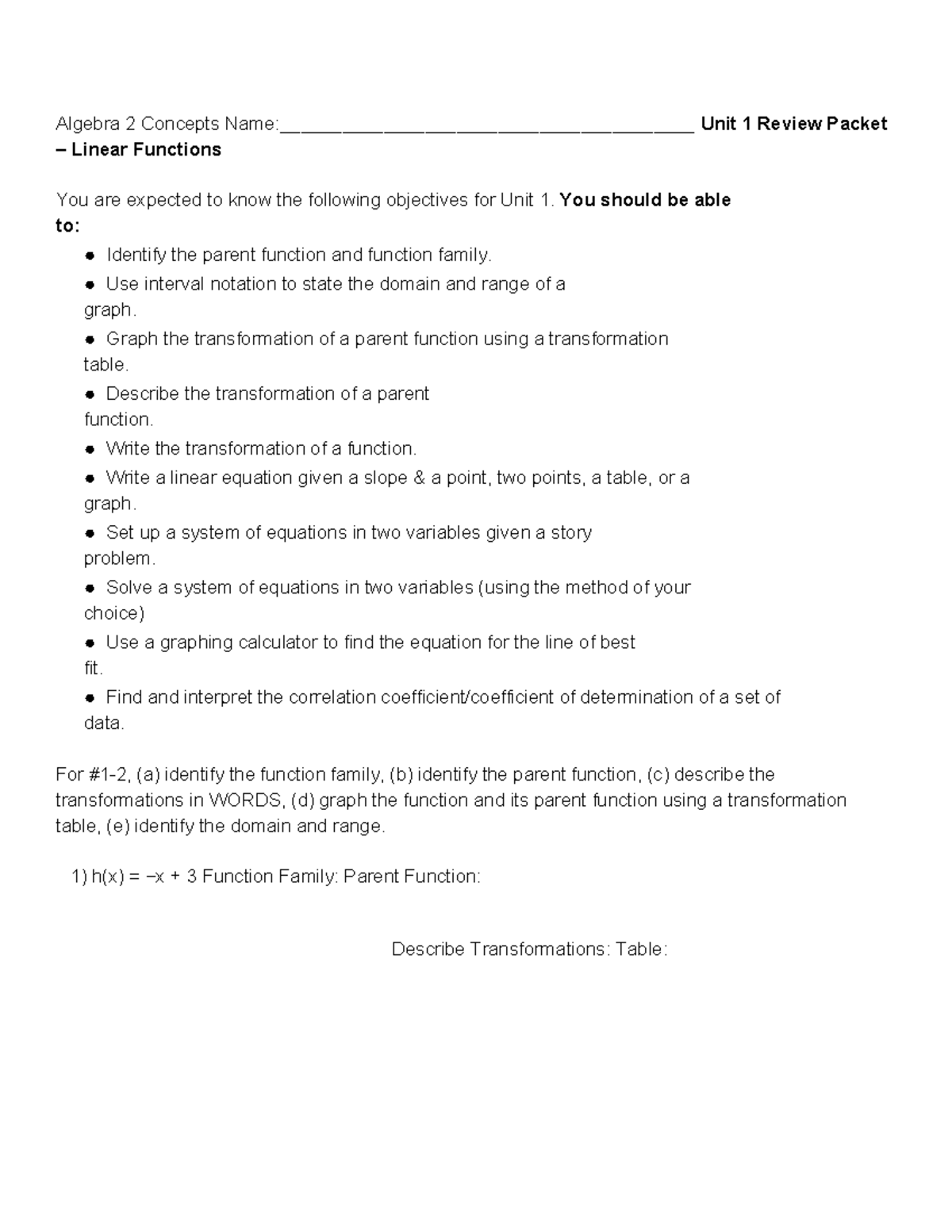 Unit 1 Review - bio 111 help - Algebra 2 Concepts Name