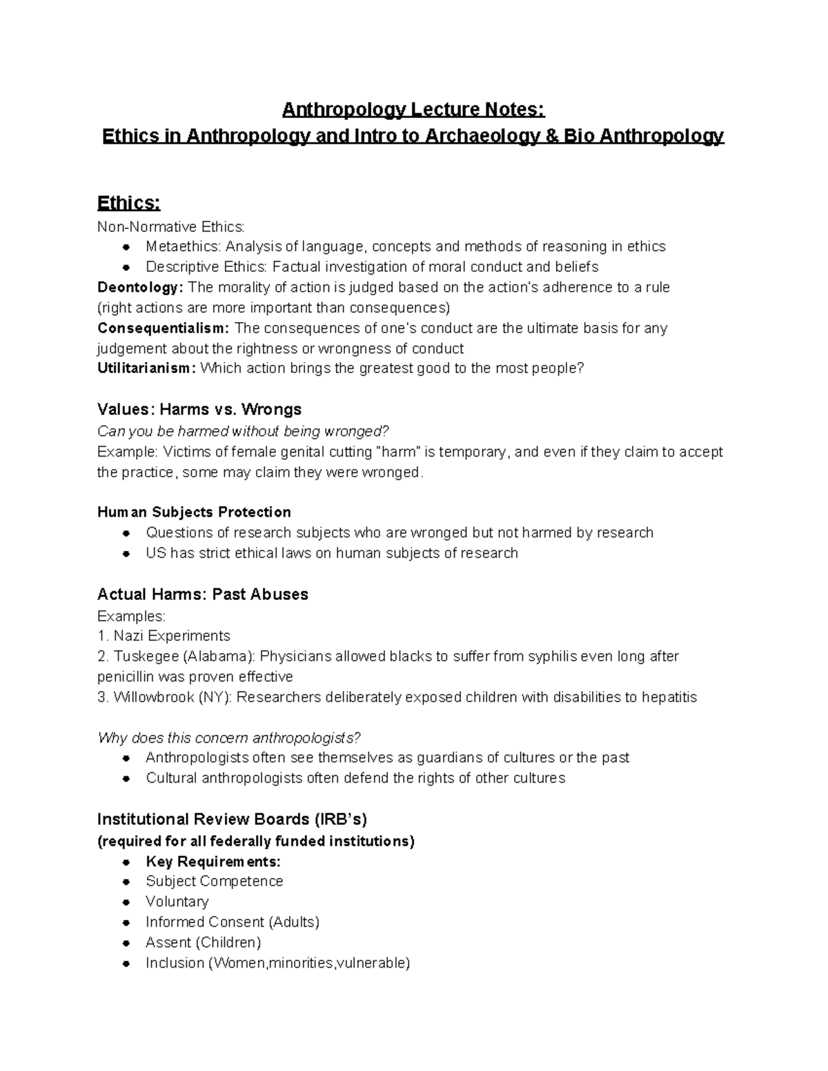 ANTH 2010 Lecture Notes - Anthropology Lecture Notes: Ethics in ...