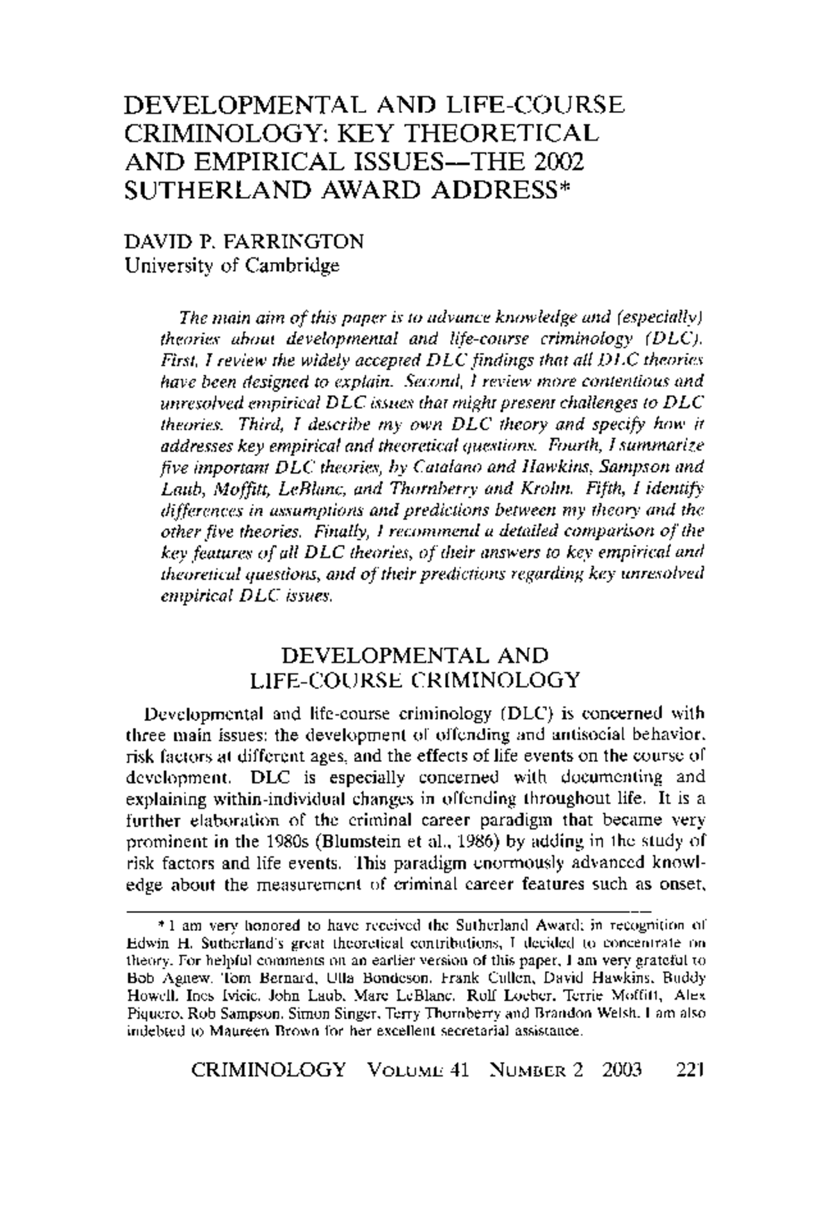 Farrington 2003 - estudio del desarrollo - DEVELOPMENTAL AND LIFE ...