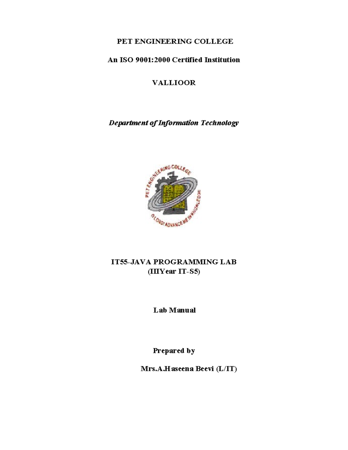 Java program lab manual - PET ENGINEERING COLLEGE An ISO 9001:2000 ...