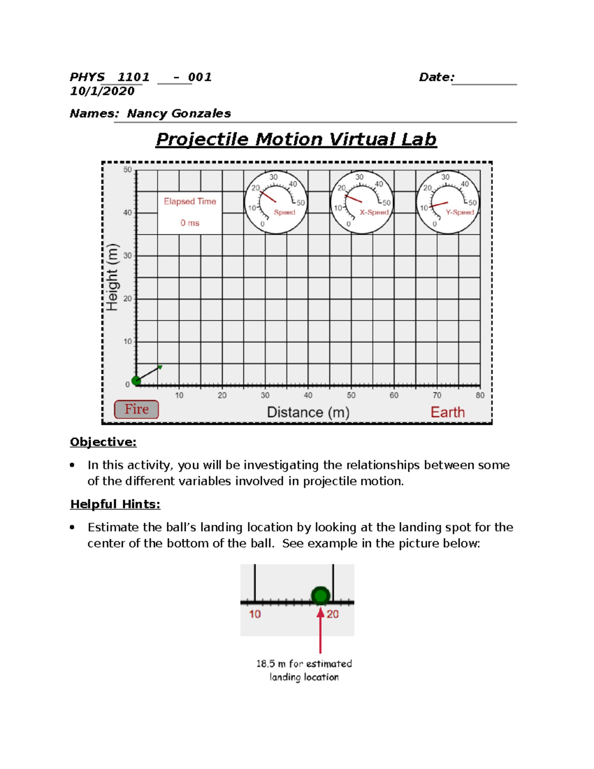 Lab 5 - Physics 1101 Projectile Motion Virtual Lab - Nancy Gonzales ...
