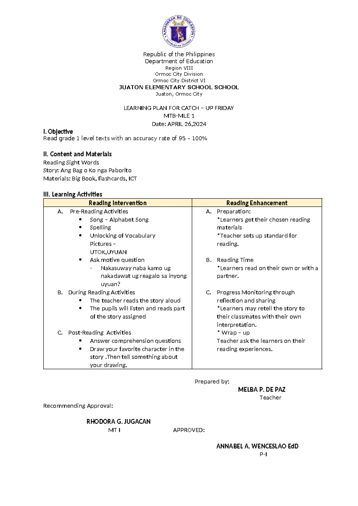 Catch-UP- Reading-PLAN - Republic of the Philippines Department of ...