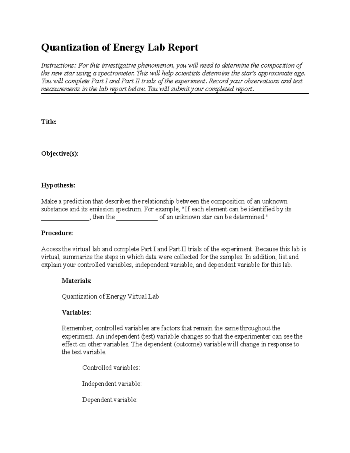 Quantization energy lab report - Quantization of Energy Lab Report ...