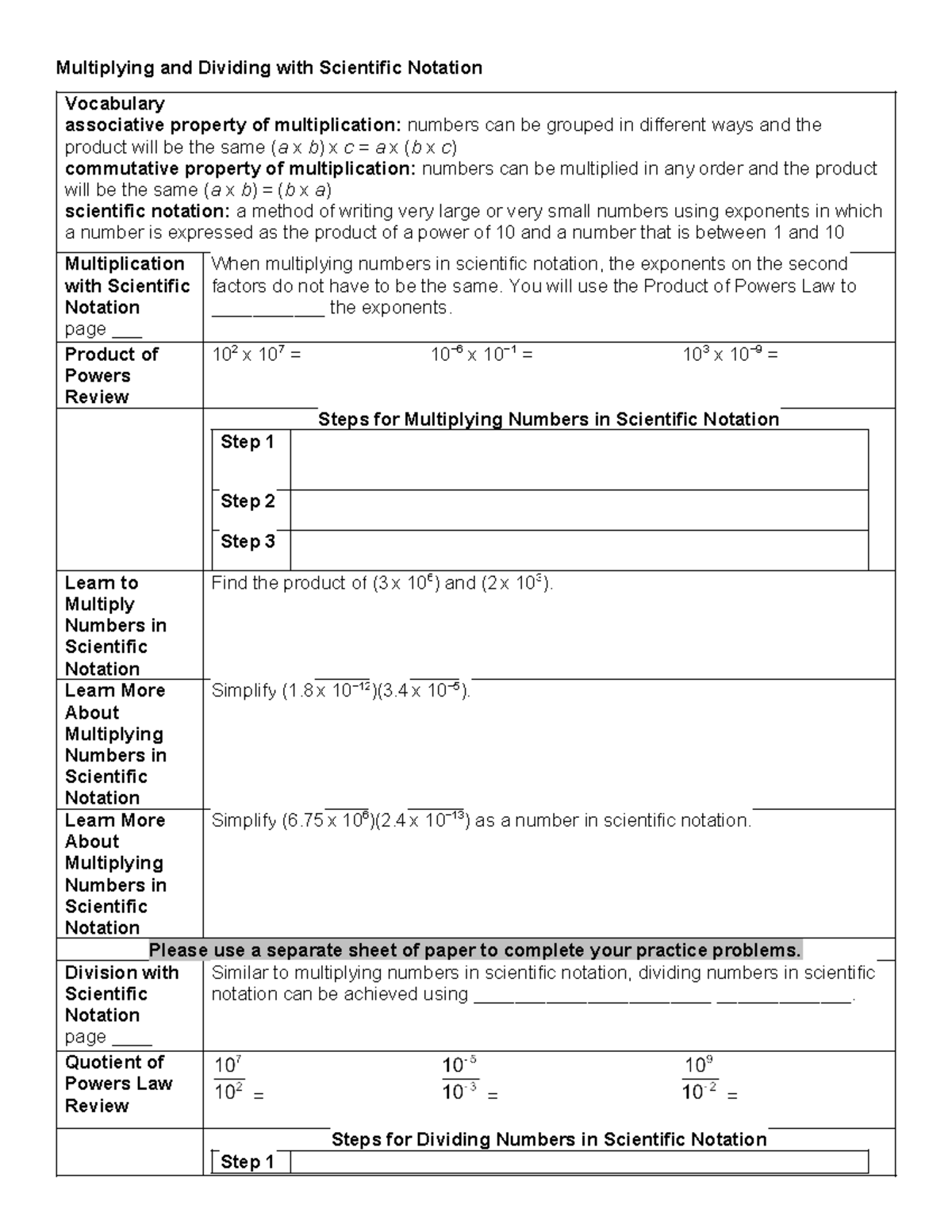 Algebra One Honors - Multiplying and Dividing with Scientific Notation ...