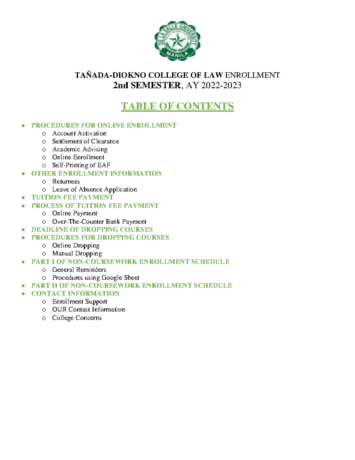 COL Enrollment Sample - 2nd SEMESTER, AY 2022- TABLE OF CONTENTS ...